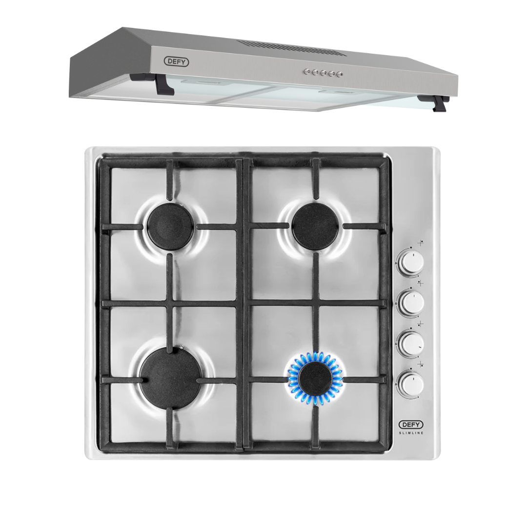 DEFY 60CM SLIMLINE STAINLESS STEEL GAS HOB + 60CM COOKERHOOD S/STEEL ...
